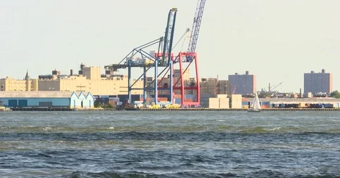 Brooklyn skyline, dock with container cr... | Stock Video | Pond5