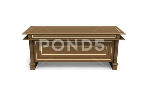 Brown wooden writing table, front side view isolated on white with soft ...