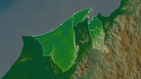Brunei map - zoom. Regions. Physical. | Stock Video | Pond5