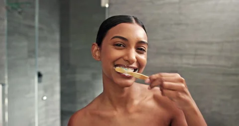 Brushing teeth, face and woman with smil... | Stock Video | Pond5