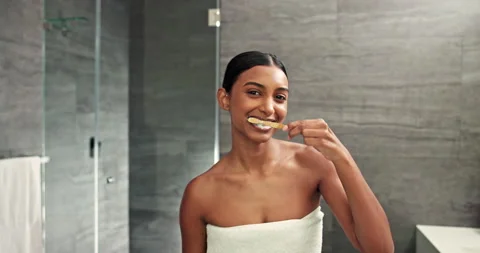 Brushing teeth, face and woman with smil... | Stock Video | Pond5