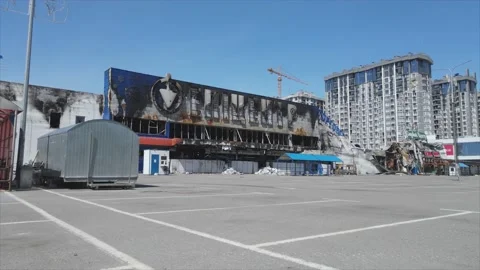Bucha, Ukraine - destroyed trade center ... | Stock Video | Pond5