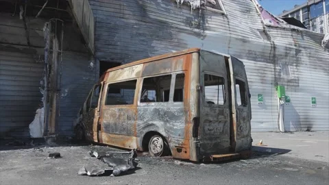 Bucha, Ukraine - destroyed trade center ... | Stock Video | Pond5