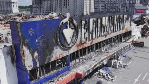 Bucha, Ukraine - destroyed trade center ... | Stock Video | Pond5