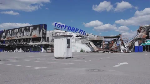 Bucha, Ukraine - destroyed trade center ... | Stock Video | Pond5