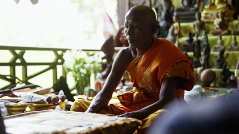 Buddhist Monk At Table In Temple, Thaila... | Stock Video | Pond5