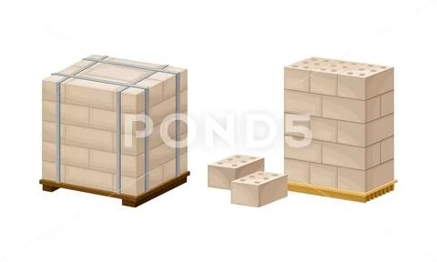 Building construction materials set. Pallets of concrete blocks vector ...