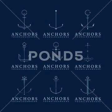 Bundle and set of nautical anchor logo simple line art vector ...