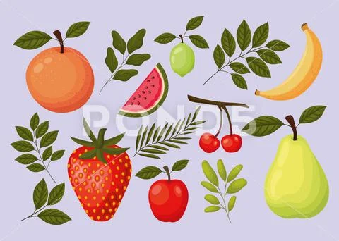 Bundle of fruits icons on a purple background: Graphic #145609765