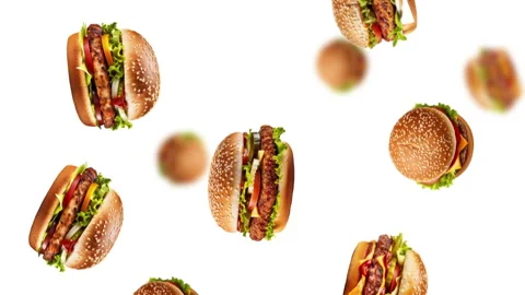 Burgers falling on a white background in... | Stock Video | Pond5