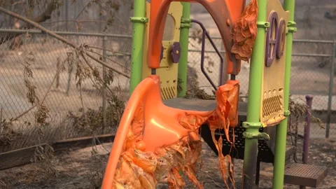 burned school playground after wildfire | Stock Video | Pond5