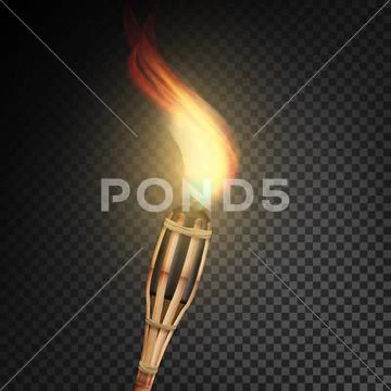 Burning Beach Bamboo Torch With Flame. Realistic Fire. Realistic Fire ...
