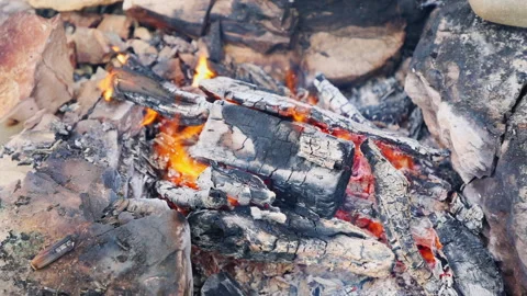 A burning bonfire with smoldering coals ... | Stock Video | Pond5