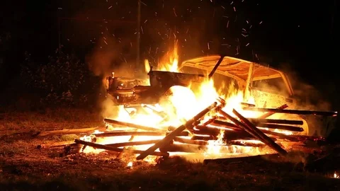 Burning car on fire. Sabotage. Emergency... | Stock Video | Pond5