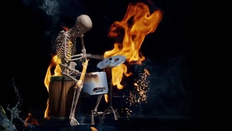 Burning skeleton plays drums. Slow motio... | Stock Video | Pond5