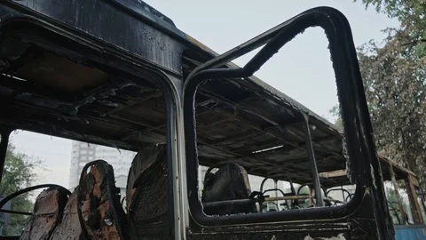 Bus after the fire. Explosion of a bomb ... | Stock Video | Pond5
