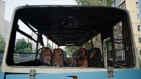 Bus after the fire. Explosion of a bomb ... | Stock Video | Pond5