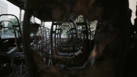 Bus after the fire. Explosion of a bomb ... | Stock Video | Pond5