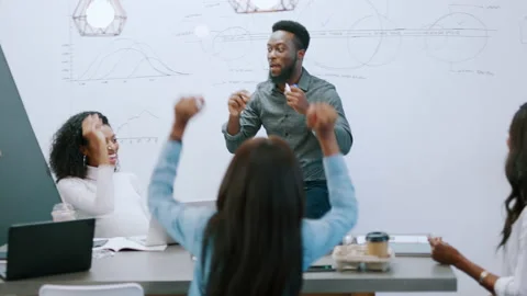 Business lecture, high five and black ma... | Stock Video | Pond5