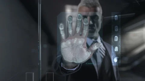 business man handprint scanning biometri... | Stock Video | Pond5