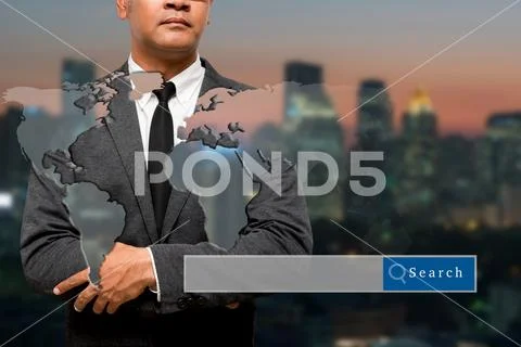 Photograph: Business man overlay on picture of map with city background ...