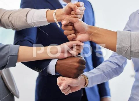 Business people, fist and hands together for support, teamwork and ...