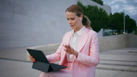 Business woman talking video conference ... | Stock Video | Pond5