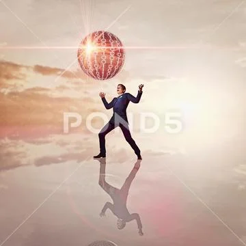 Businessman watching floating sphere of binary code: Royalty Free #83596258
