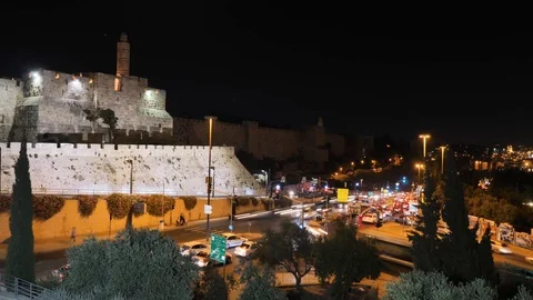 Busy street in Jerusalem in night with T... | Stock Video | Pond5