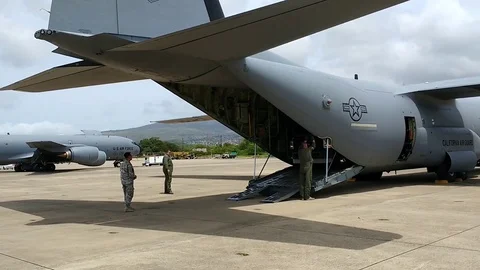 C-130 Hercules parked with rear cargo do... | Stock Video | Pond5