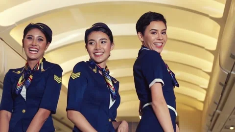 Cabin crew dancing with joy in airplane | Stock Video | Pond5
