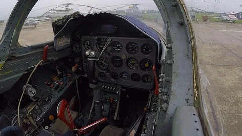 Cabin of jet military plane open. Inside... | Stock Video | Pond5