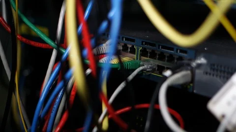 Cables plugged into a network connector | Stock Video | Pond5