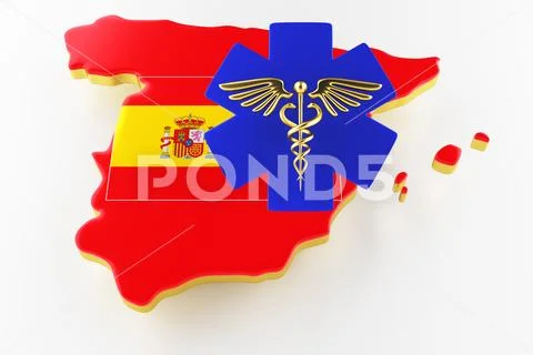 Caduceus sign with snakes on a medical star. Map of Spain land border ...