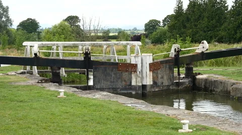 Caen Canal Locks. Wide shot of lock gat... | Stock Video | Pond5