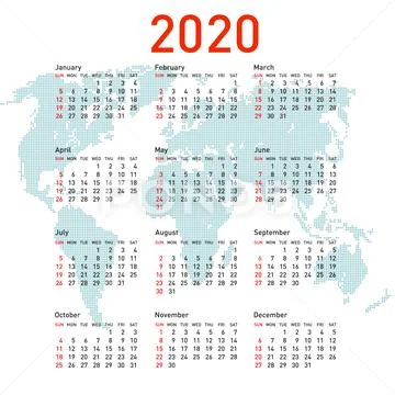 Calendar 2020 with world map. Week starts on Sunday Illustration #116127572