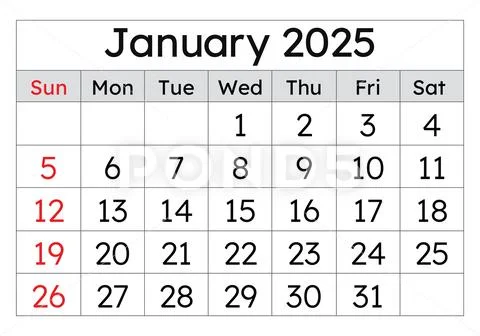 Calendar for January 2025. Simple vector illustration. English page of ...