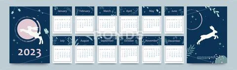Calendar template for 2023. Vertical design with rabbit and plant ...