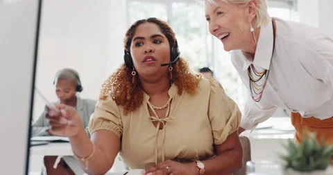 Call center, training and black woman wi... | Stock Video | Pond5