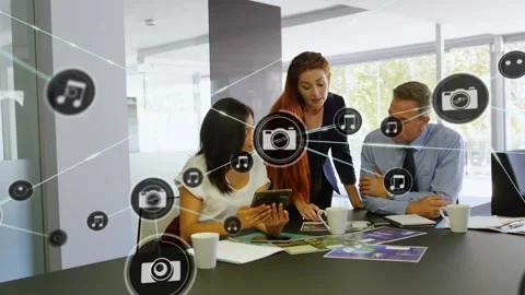 Camera and musical note icons connecting... | Stock Video | Pond5