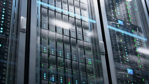 Camera moving in data center along the r... | Stock Video | Pond5
