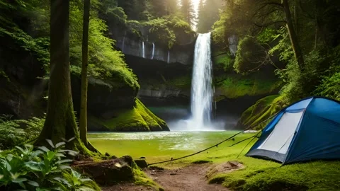 camp in the jungle with waterfall backgr... | Stock Video | Pond5