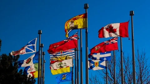 Canadian and Provincial Flags Waving Aga... | Stock Video | Pond5