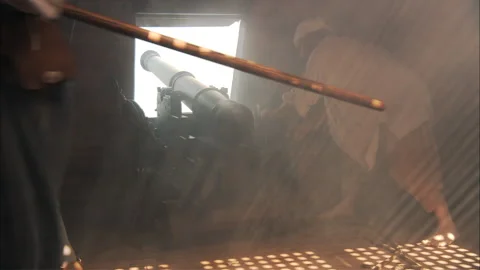 Cannon FIRES inside a Tall-ship, rigging... | Stock Video | Pond5