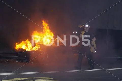 Car Caught On Fire After Collision. - Stock Image - Everypixel