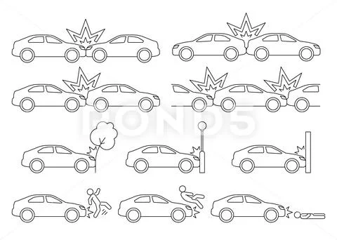 Car crash, accident of transport, line art icon set. Collision with an ...