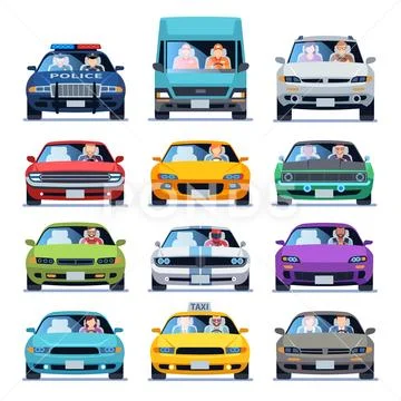 Car front view. Auto automotive people man woman child family urban ...