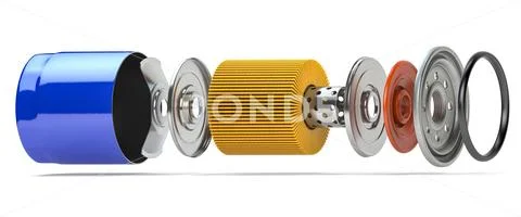 Car oil filter isolated on white. Exploded view.: Graphic #113520869