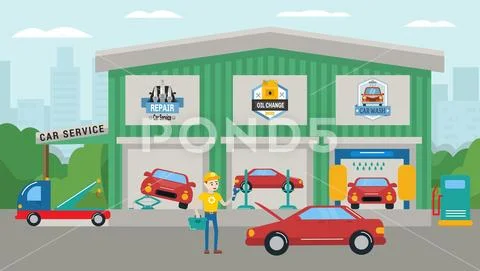 Car service building vector illustration. Car wash, repair, oil change ...