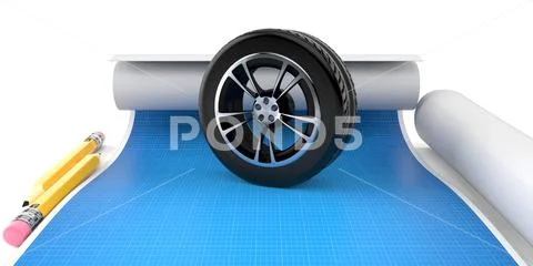 Car wheel with blueprint Stock Illustration ~ #130192476